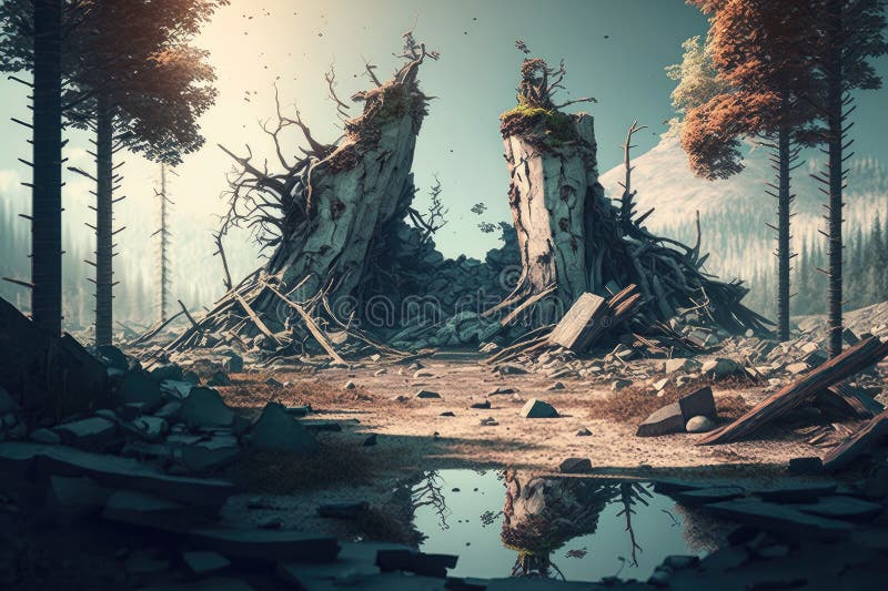 Destroyed Environment, with Broken Trees and Rubble on the Ground Stock ...
