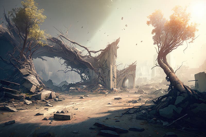 Destroyed Environment, with Broken Trees and Rubble on the Ground Stock ...