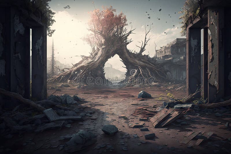 Destroyed Environment, with Broken Trees and Rubble on the Ground Stock ...