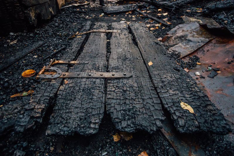 Destroyed by Fire Wooden Door of Completely Burned House Stock Photo ...