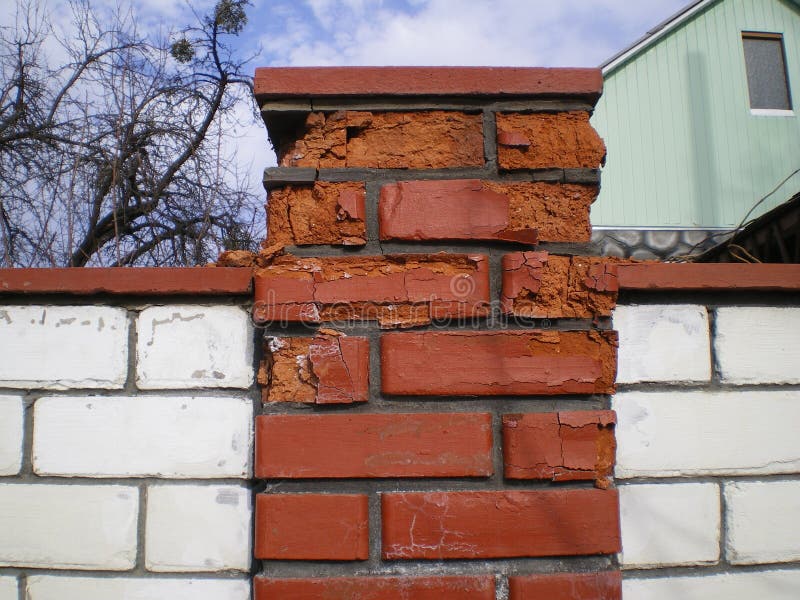 Destroyed by Frost and Moisture Red Brick Laying after Winter Stock ...