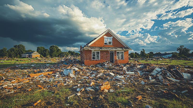 A Destroyed Home in a Desolate Landscape, Surrounded by Debris ...