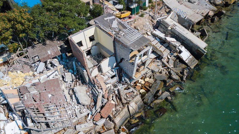 The Destroyed House after the Earthquake on the Seashore Stock Photo ...