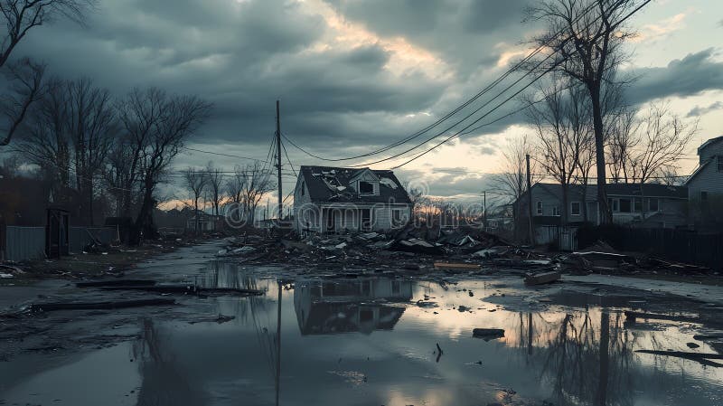 Destroyed House Reflecting in Flooded Street after Natural Disaster ...