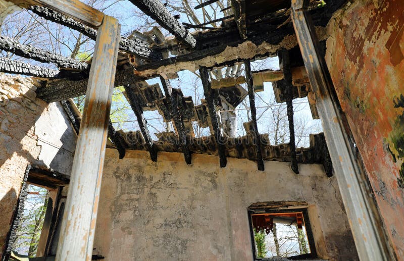 Destroyed House with the Roof Collapsed after the Terrible Fire that ...