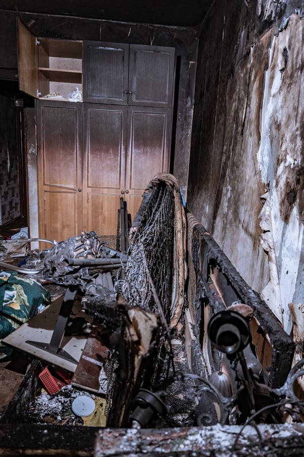 Destroyed Housing after the Fire, Burnt Things, Soot and Coals ...