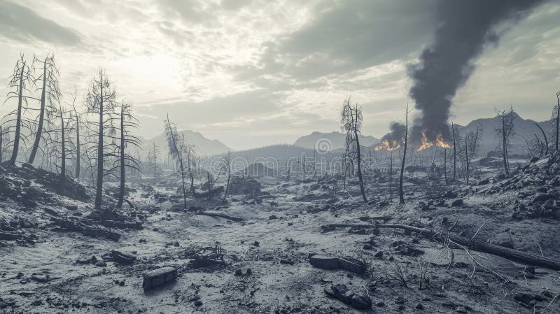 Destroyed Landscape Covered in Ash and Lava Flow, Remnants of Trees and ...
