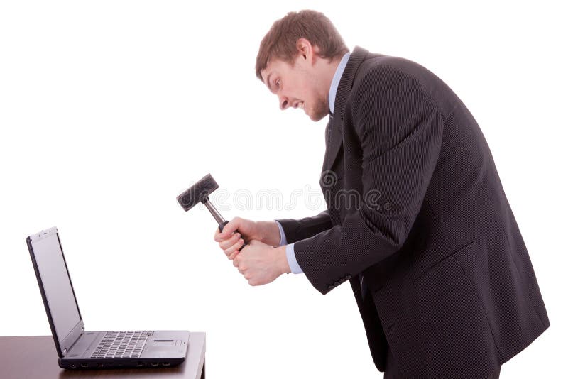 Man Destroyed Laptop with a Hammer. Nervous Work, Buggy Computer ...