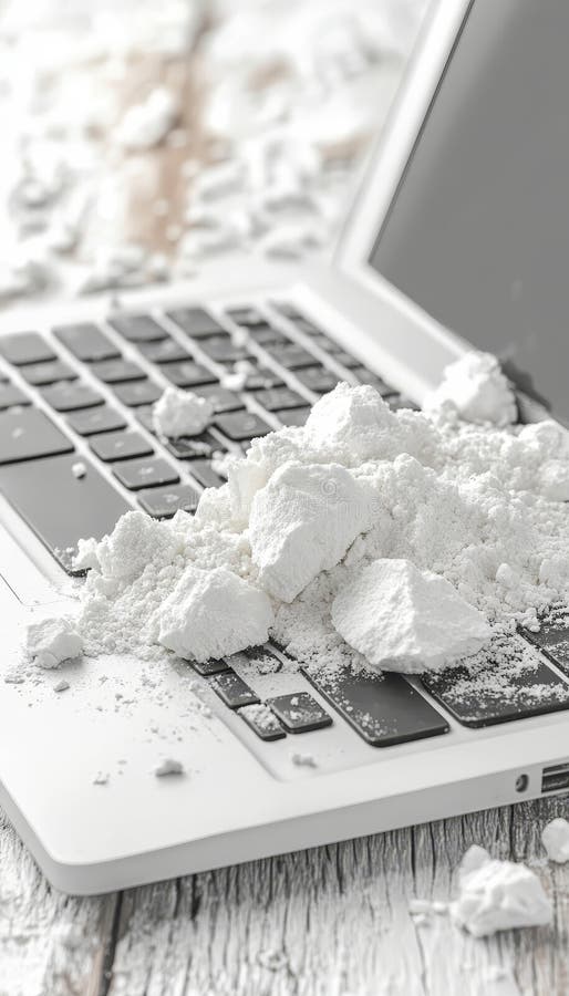 Destroyed Laptop Keyboard Covered in White Powder, Concept of Addiction ...