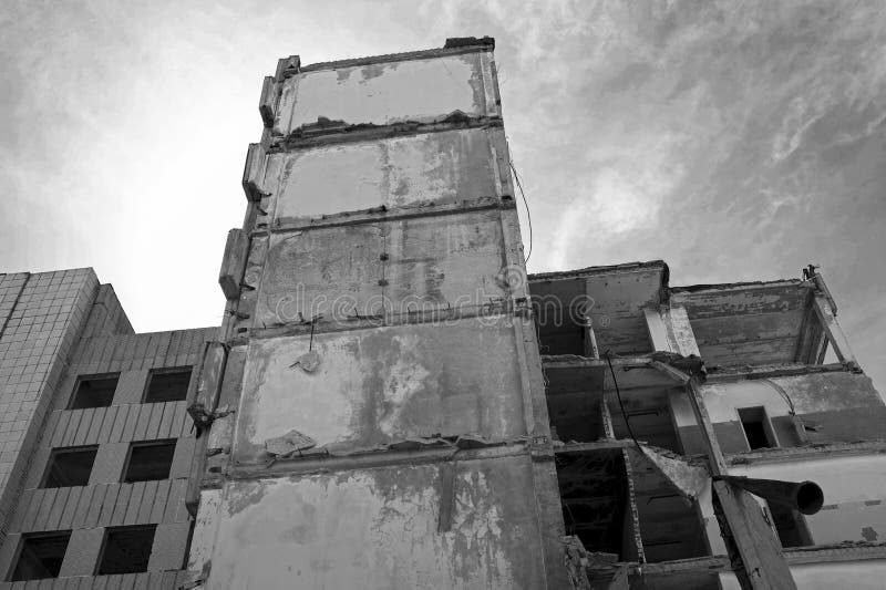 Destroyed Large Concrete Building Against the Sky. Background. Bottom ...