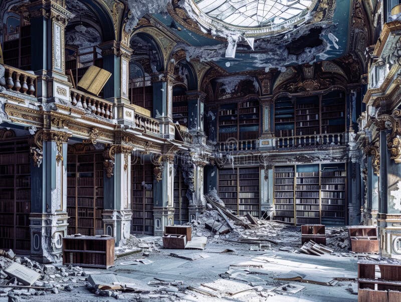 A Destroyed Library with Books Scattered Everywhere Stock Image - Image ...