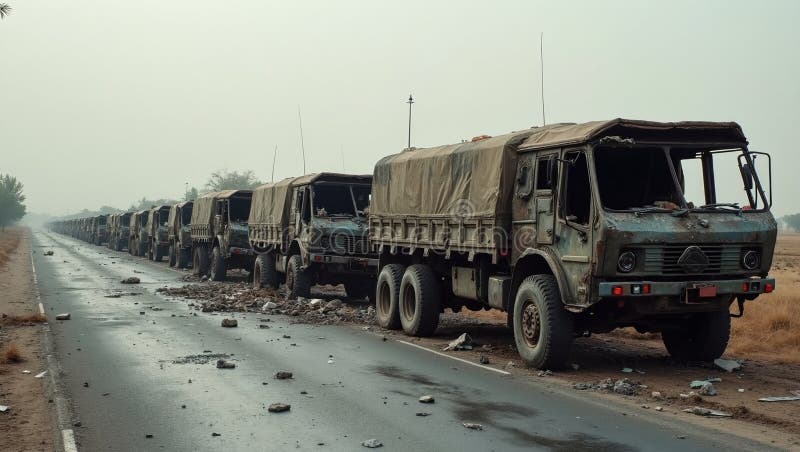 Destroyed Military Convoy on Devastated Road with Debris Stock ...