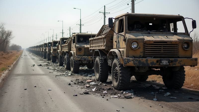 Destroyed Military Convoy on Devastated Road with Debris Stock ...