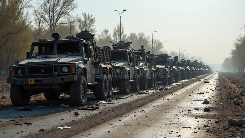 Destroyed Military Convoy on Devastated Road with Debris Stock ...
