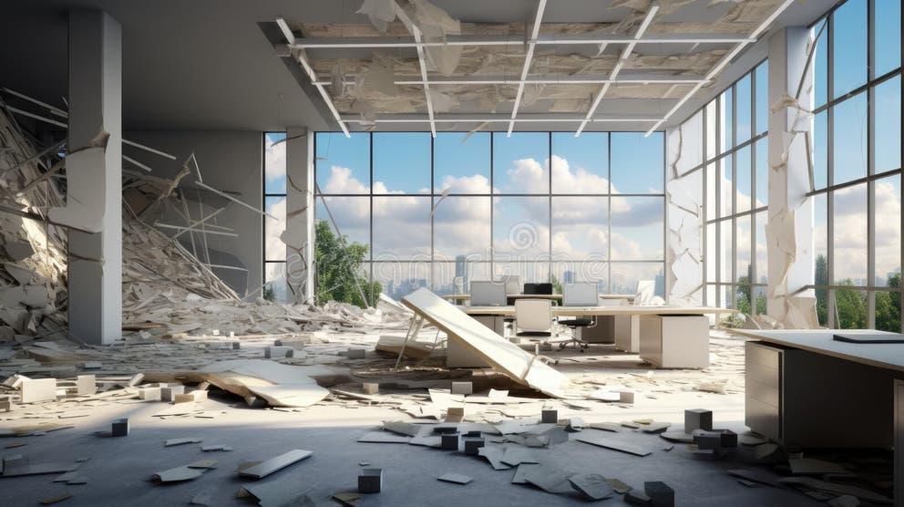 Destroyed Office, Interior View. Destroyed Windows and Ceiling in the ...
