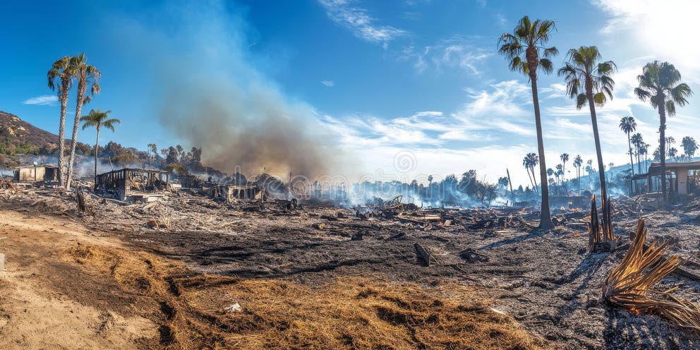 Destroyed Palm Trees and a House after Wildfire. Generative AI. Stock ...