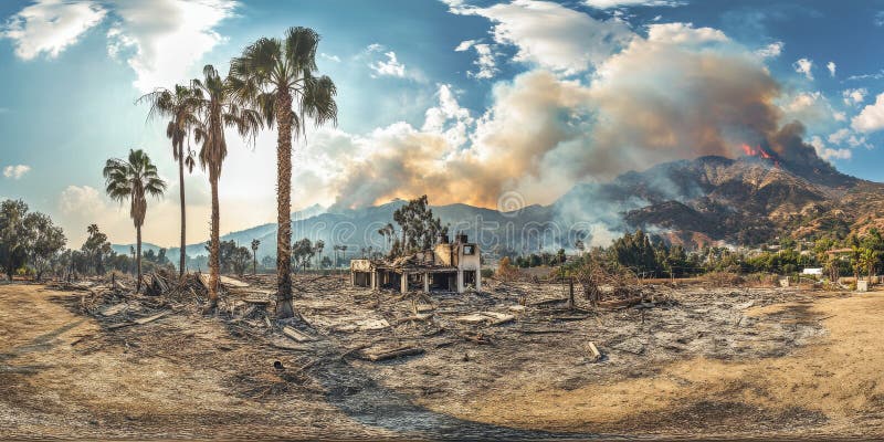 Destroyed Palm Trees and a House after Wildfire. Generative AI. Stock ...
