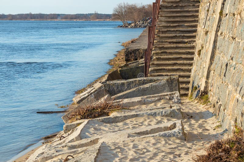 Destroyed River Embankment and Old Stairs, Collapsed Concrete Blocks ...