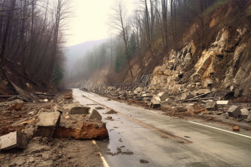 Destroyed Road with Debris and Mud from Landslide Stock Illustration ...