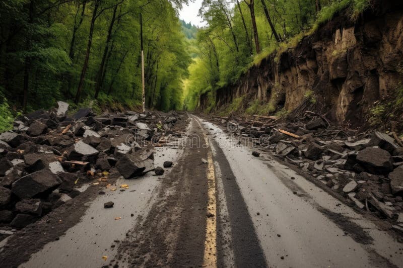 Destroyed Road with Debris and Mud from Landslide Stock Illustration ...