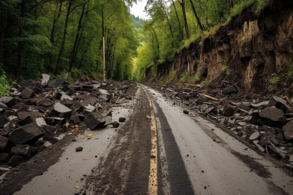 Destroyed Road with Debris and Mud from Landslide Stock Illustration ...
