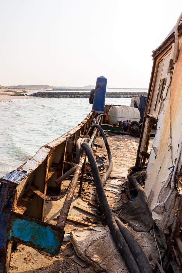 Destroyed and Rusty Deck of a Cargo Ship with Old Bridge, Machinery and ...