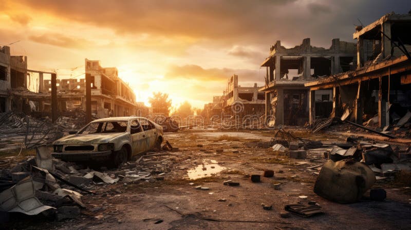 Destroyed Town with Collapsing Structures in War. Generative Ai Stock ...