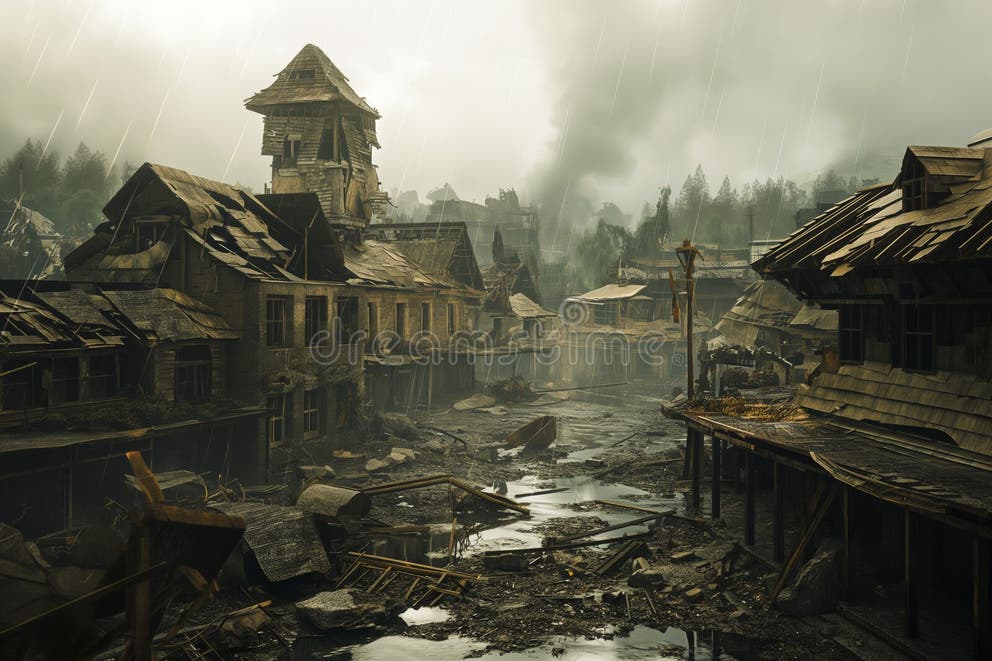 Destroyed Town with Collapsing Structures after War Stock Illustration ...