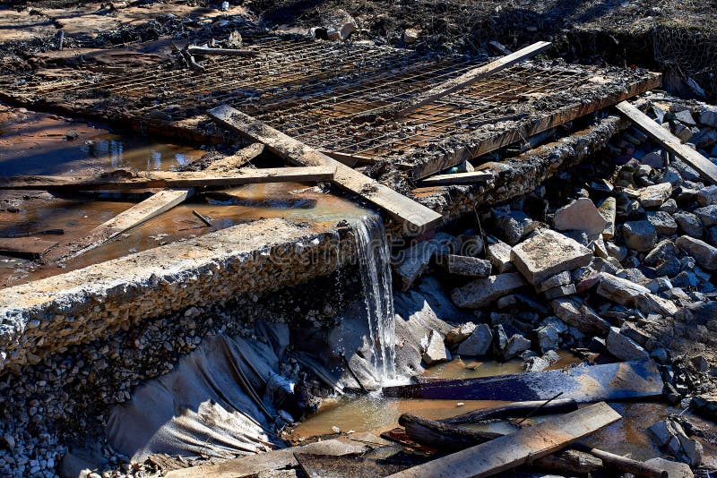 Destroyed Wall of the Building after the Flood. the Flow of the Water ...