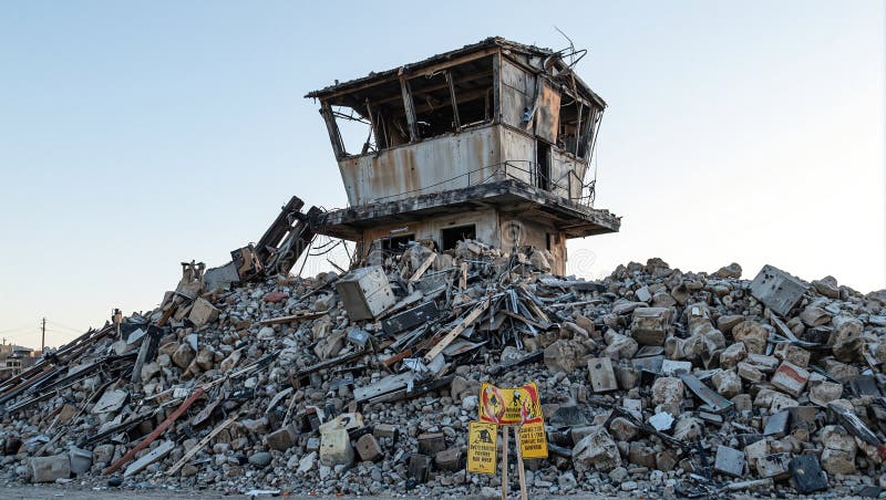 Destroyed Watchtower Amidst Rubble and Bullet Riddled Signs Stock ...