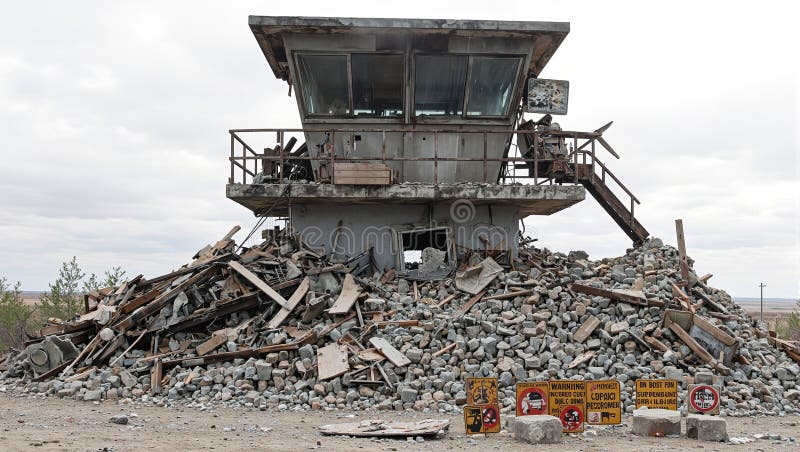 Destroyed Watchtower Amidst Rubble and Bullet Riddled Signs Stock ...