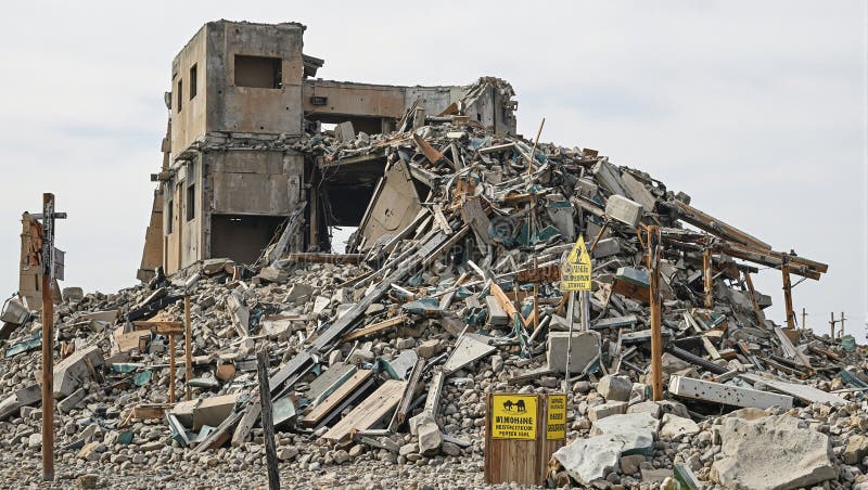 Destroyed Watchtower Amidst Rubble and Bullet Riddled Signs Stock ...
