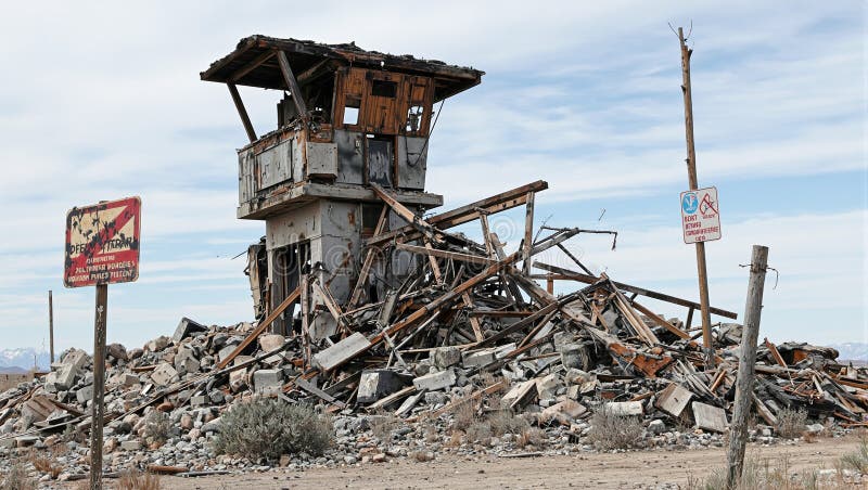 Destroyed Watchtower Amidst Rubble and Bullet Riddled Signs Stock ...