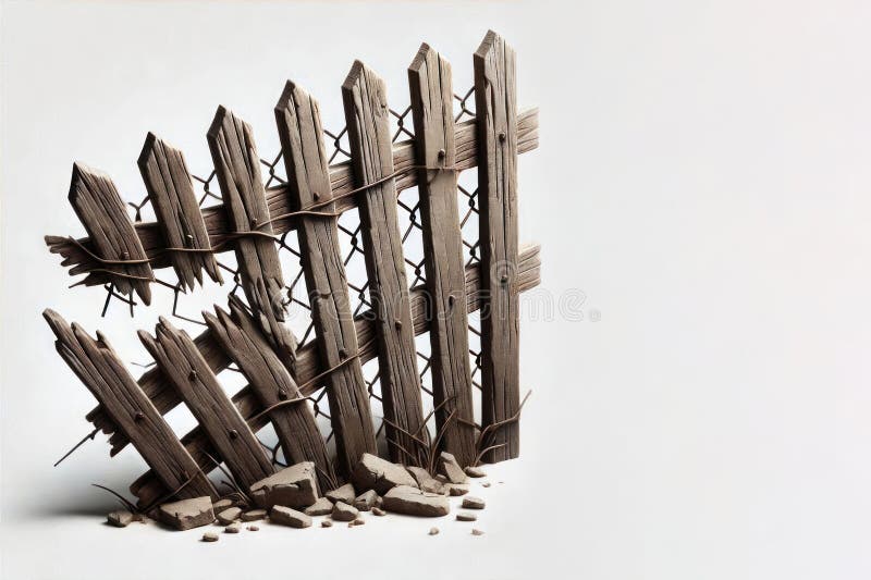 Destroyed Wooden Fence with Wire Elements. Space for Text. Stock Photo ...
