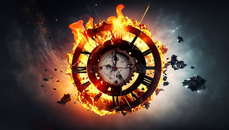Destroying Burning Clock in Space. Clock Inner Mechanical Parts Shows ...