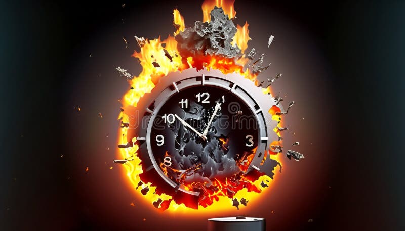 Destroying Burning Clock in Space. Clock Inner Mechanical Parts Shows ...
