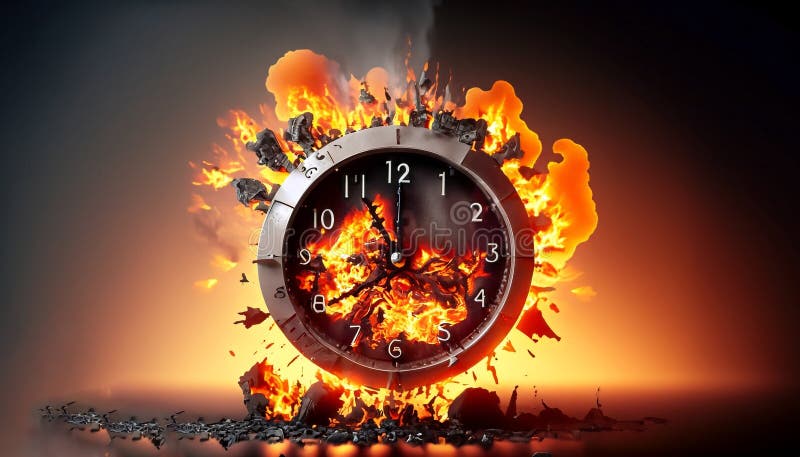 Destroying Burning Clock in Space. Clock Inner Mechanical Parts Shows ...