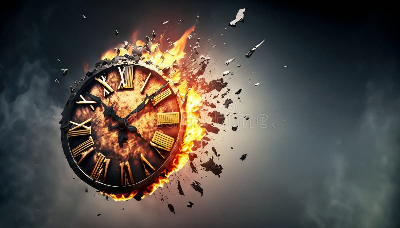 Destroying Burning Clock in Space. Clock Inner Mechanical Parts Shows ...