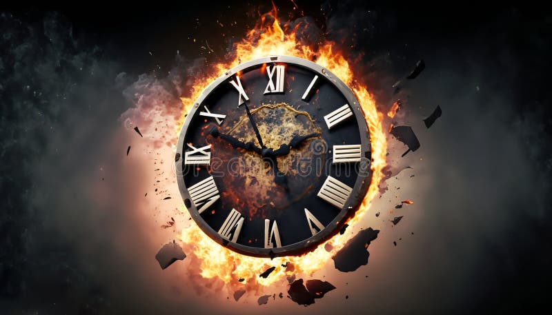 Destroying Burning Clock in Space. Clock Inner Mechanical Parts Shows ...