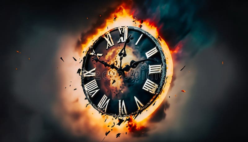 Destroying Burning Clock in Space. Clock Inner Mechanical Parts Shows ...