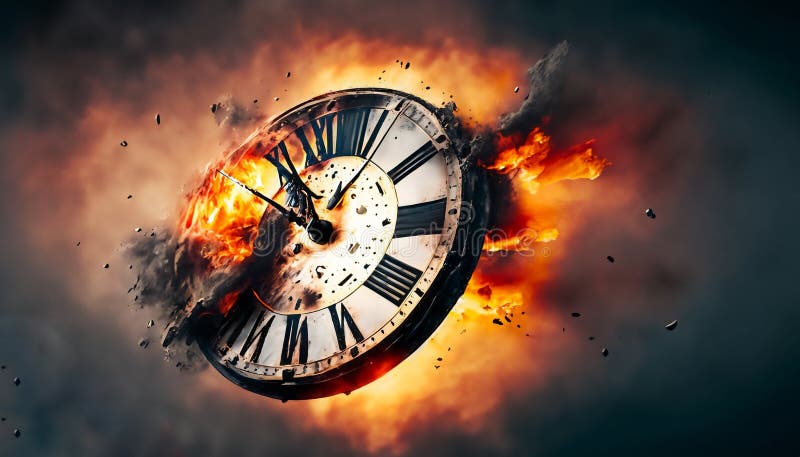 Destroying Burning Clock in Space. Clock Inner Mechanical Parts Shows ...