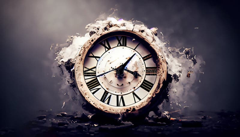 Destroying Burning Clock in Space. Clock Inner Mechanical Parts Shows ...