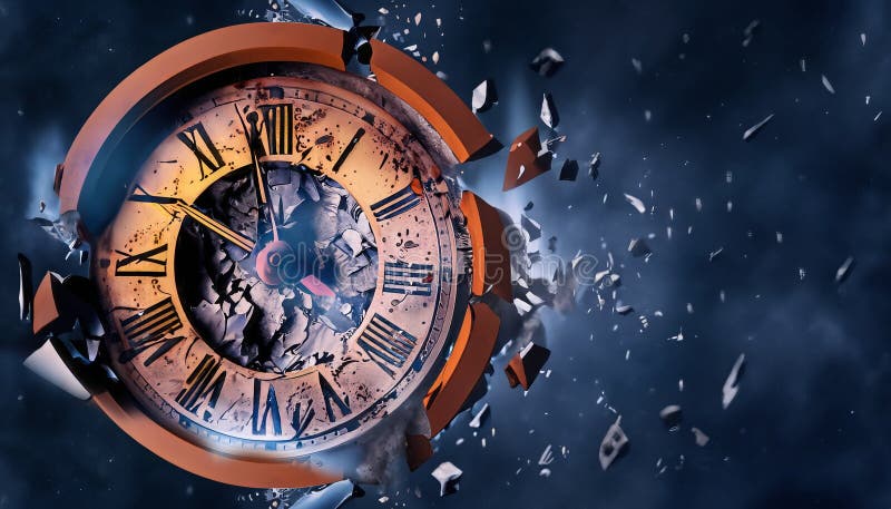 Destroying Burning Clock in Space. Clock Inner Mechanical Parts Shows ...