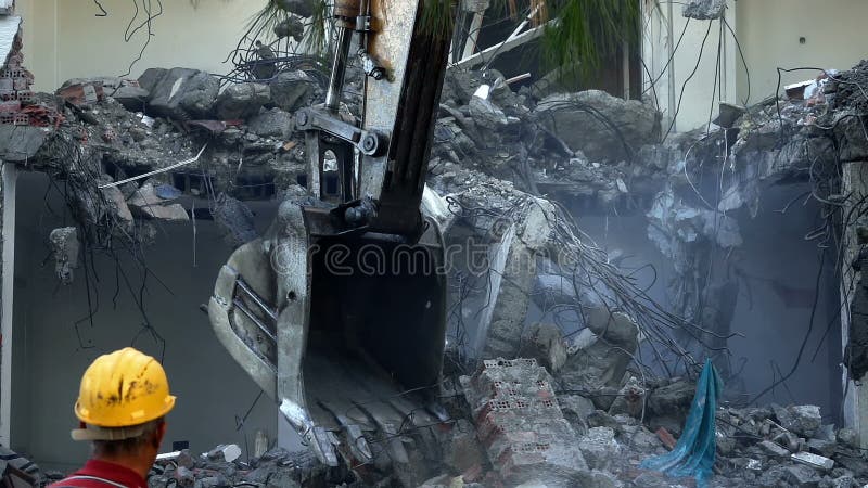 Destroying Old House with Bulldozer Mechanical Arm Stock Video - Video ...