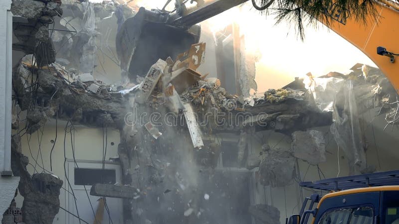 Destroying Old House with Bulldozer Mechanical Arm Stock Video - Video ...