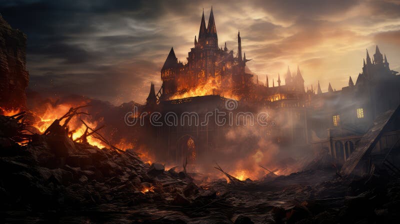 Destructi castle on fire stock illustration. Illustration of castle ...