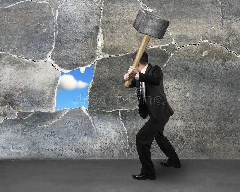 Destructing the Wall with a Large Hammer Stock Photo - Image of damage ...