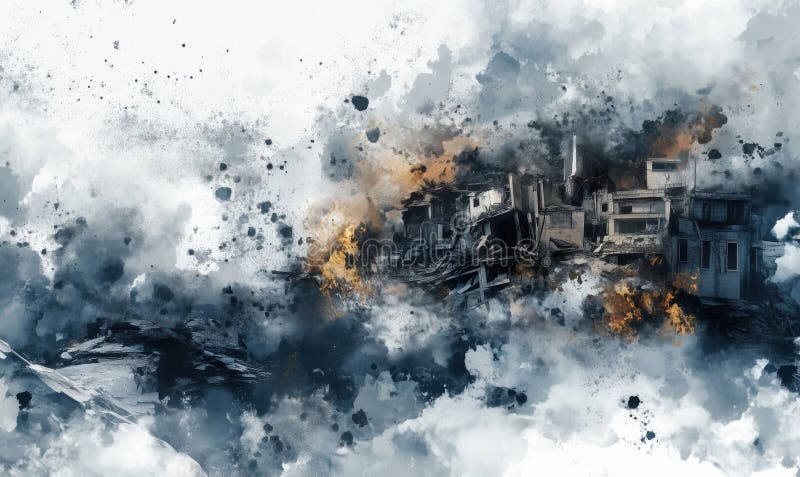 Destruction Aftermath, Chaotic Scene of Collapsed Buildings, Smoke, and ...