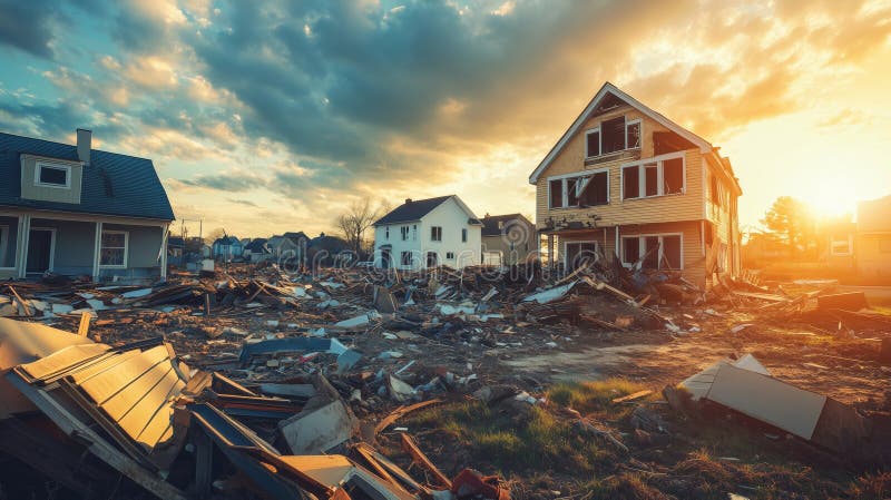 Destruction Aftermath, Damaged Houses, Debris Scattered, Sunset Glow ...