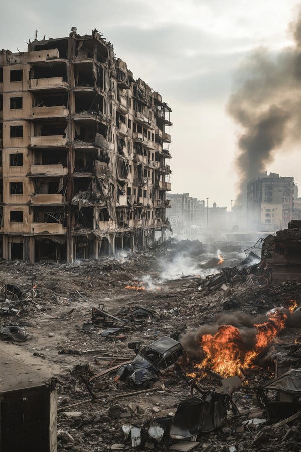 Destruction Aftermath of War-torn Cityscape with Collapsed Buildings ...